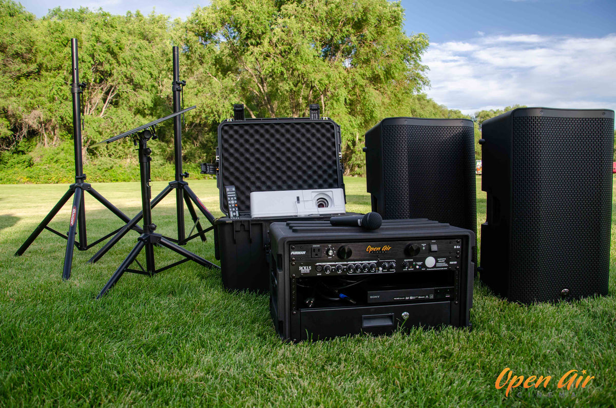 The 4 components of Open Air Cinema outdoor theater system – Big Screen Pro